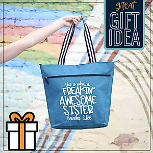 Sister Gifts - Gift from Sister, Brother - Cute Zippered Canvas Tote Bag with Pockets for Women, Little Sisters, Big Sister