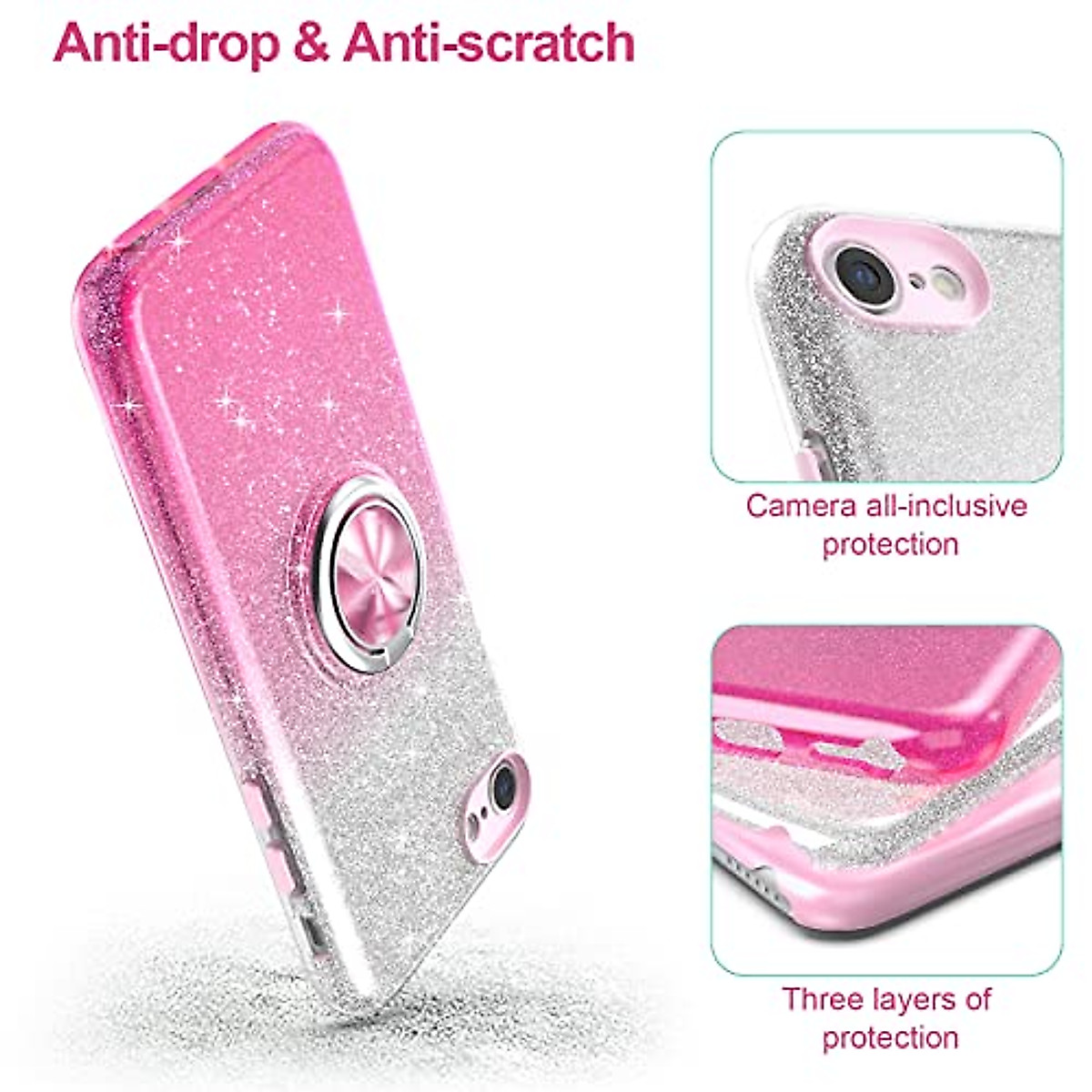 PeeTep iPhone SE 2020 Case,iPhone SE 3 Case Glitter for Girls,iPhone 8 Case,iPhone 7 Case,Slim Sparkly Case with 360°Ring Holder Kickstand Magnetic Car Mount Shock-Absorbent Durable Cover, Pink