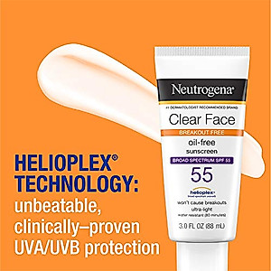 Neutrogena Clear Face Liquid Lotion Sunscreen for Acne-Prone Skin, Broad Spectrum SPF 55 with Helioplex Technology, Oil-Free, Fragrance-Free & Non-Comedogenic Facial Sunscreen, 3 fl. oz
