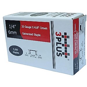3PLUS T50/06 20 Gauge 3/8-Inch(10.6mm) Crown 1/4-Inch Leg Length Galvanized Fine Wire Staples, 5,000 per Box