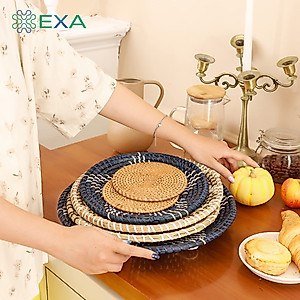 EXA Set of 6 Hanging Woven Wall Basket Decor Peony Rustic Round Decorative Large Wall Decor - Handmade Seagrass Baskets - Rattan Wall Art, Flat Wicker Woven Basket Wall Decors for Boho