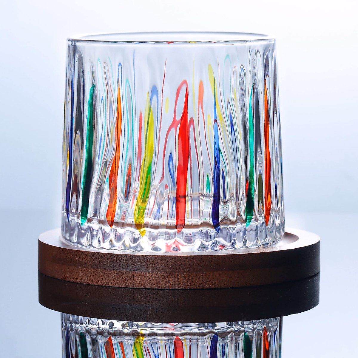 Joeyan Rotatable Hand Painted Whiskey Glasses with Coaster,Old Fashioned Glass Tumblers with Strip and Diamond Patterns,Colorful Whiskey Glass Cups for Rum Bourbon Scotch,Set of 2,9 oz