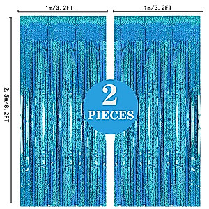 2 Pack 3.2ft x 8.2ft Blue Foil Fringe Curtains Photo Backdrop Party Decorations, Metallic Tinsel Foil Fringe Streamer Curtains for Party Door Wall Curtains Bachelorette Christmas New Year Decorations
