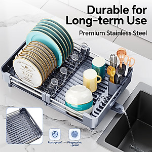 Dish Drying Rack, Kitchen Dish Drainer Rack, Expandable(13.2"-19.7") Stainless Steel Sink Organizer Dish Rack and Drainboard Set with Utensil Holder Cups Holder for Kitchen Counter