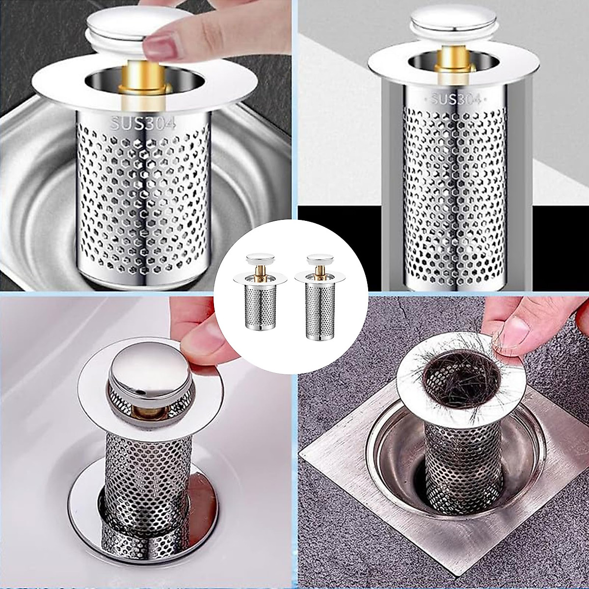 Stainless Steel Floor Drain Filter,Bathtub Sink Strainer,Pop-up Sink Filter,Copper Core Drain Filter with Removable Stainless Steel Filter Screen for Bathroom Kitchen (Long-2PCS)
