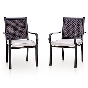 PHI VILLA Outdoor Rattan Dining Chairs Set of 2, Wicker Chairs with Removable Cushion & Metal Frame, for Patio, Deck, Yard, Porch