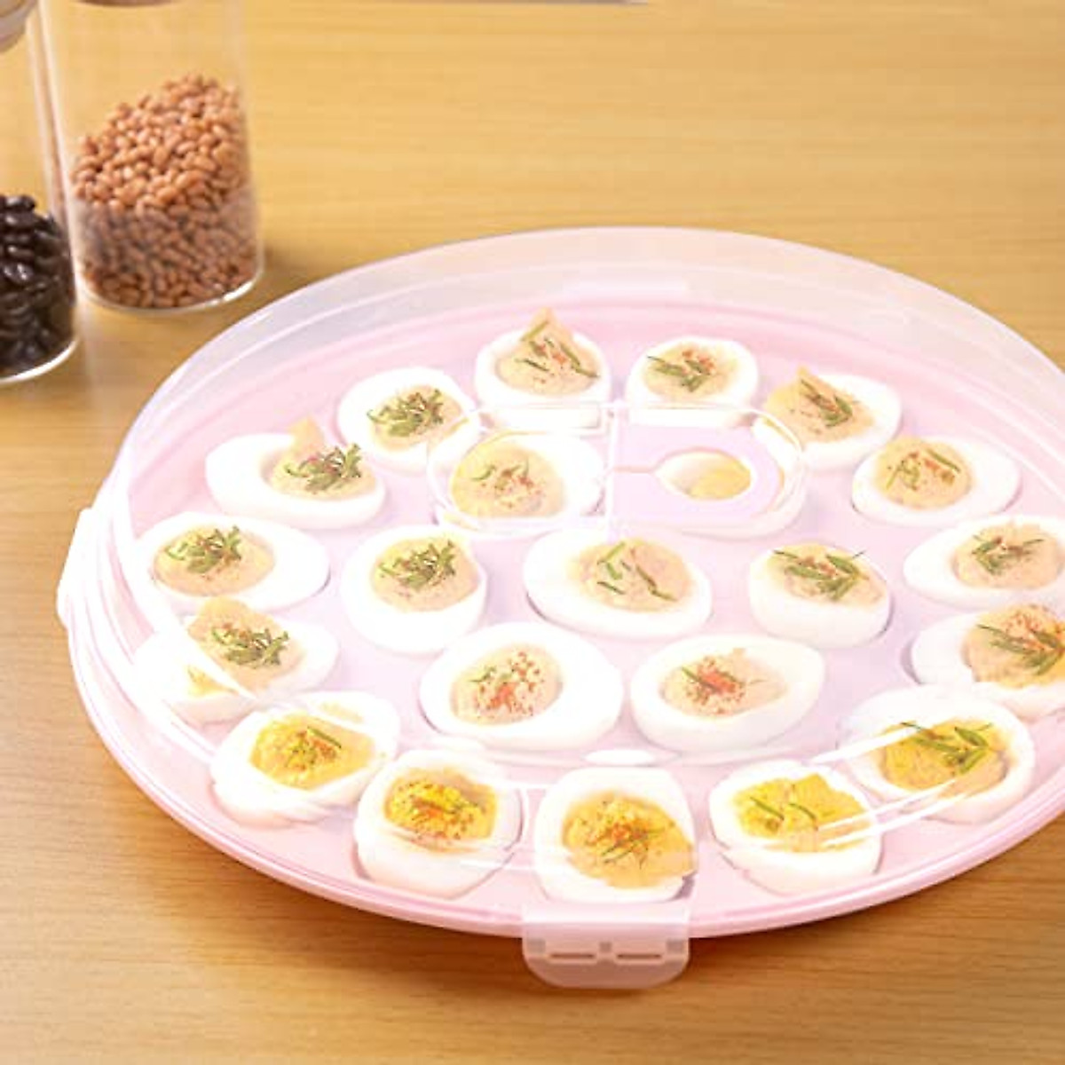 HANSGO Deviled Egg Platter, Pink Deviled Egg Containers with Lid Plastic Deviled Egg Keeper Platter Carrier for Holiday Season Table Party, 22 Egg Slots