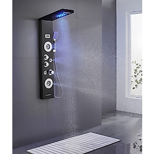 POPFLY 6 In 1 LED Shower Panel Tower System With Waterfall Rain System, 4 Angle Adjustable Mist Jets and High Pressure 2 Body Massage Jets, 304 Stainless Steel Shower Tower, Black