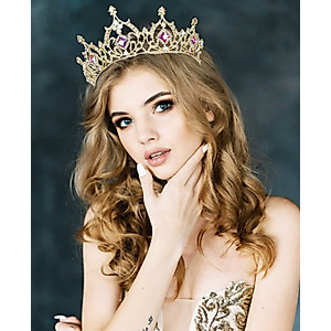 Wecoe Gold Crown for Women AB Rhinestone Tiara Baroque Style Crown Birthday Girls Rhinestone Tiaras and Crowns Princess Queen Crown Wedding Hair Accessories for Brides Happy Birthday Decorations Gifts