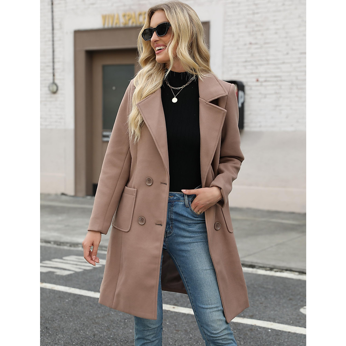 Bankeng Women Winter Wool Blend Camel Mid-Long Coat Notch Double-Breasted Lapel Jacket Outwear (Camel,M)