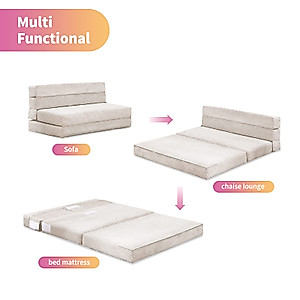 Mixoy Folding Sofa Mattress, Tri Fold Sofa Chair Bed 6.3”,Upholstered Guest Chaise,Floor Couch Sleeper,Folding Futon Sofa Bed Lounge Chaise for Guests,Living Room and Bedroom(Full Size,Beige) 1