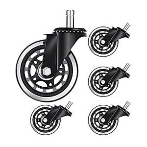 Office Chair Caster Wheels 3" - Heavy Duty Soft PU Rubber Safe for Hardwood Carpet Tile Floors (Set of 5) Generally Applicable to Office Wheels， Replace Chair mats - Universal fit