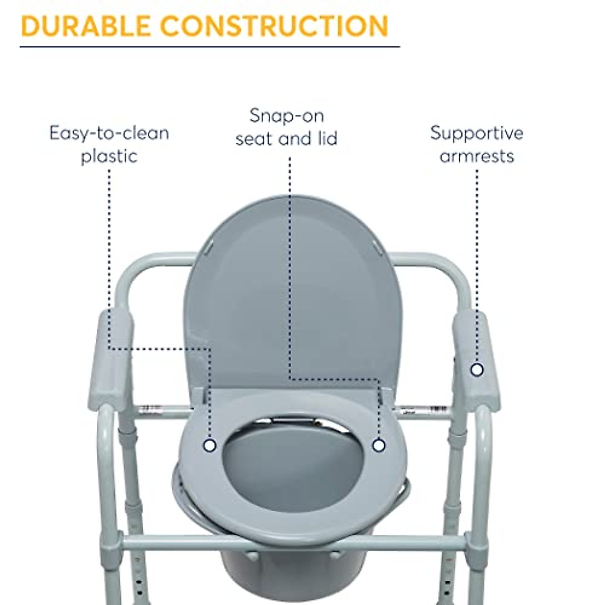 Drive Medical 11148-1 Folding Steel Bedside Commode Chair, Portable Toilet, Supports Bariatric Individuals Weighing Up To 350 Lbs, with 7.5 Qt. Bucket and 13.5 Inch Seat, Grey
