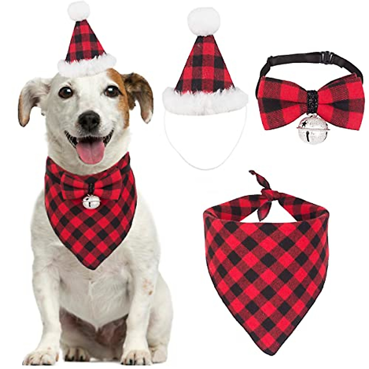 Dog Christmas Bandana Outfit Hat Bow tie Set, Pet Classic Plaid Scarf Triangle Bibs Costumes, Puppy Kerchief Apparel with Bell Decoration Accessories for Small Medium Large Dogs Cats (Red)
