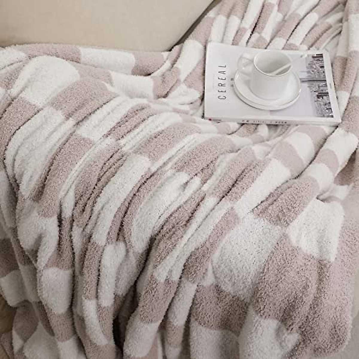 bearberry Fuzzy Checkerboard Grid Throw Blanket Knitted Soft Cozy Warm Microfiber Bed Blanket Decor for Couch Sofa Bed Travel Home (Cream, 60''x80'')