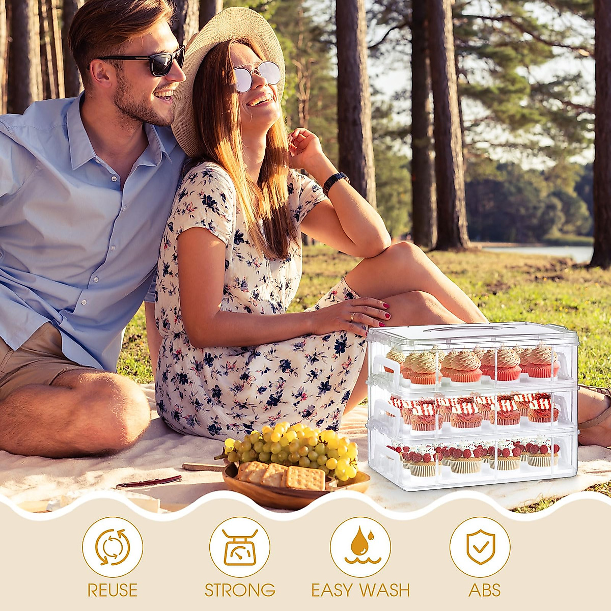 Bokon 4 Pcs 3 Tier Cupcake Carrier Stackable Cupcake Holder with Lid and Handle Plastic Cupcake Transport Container Cupcake Storage for Holding 36 Cupcakes or 3 Large Cakes, Clear