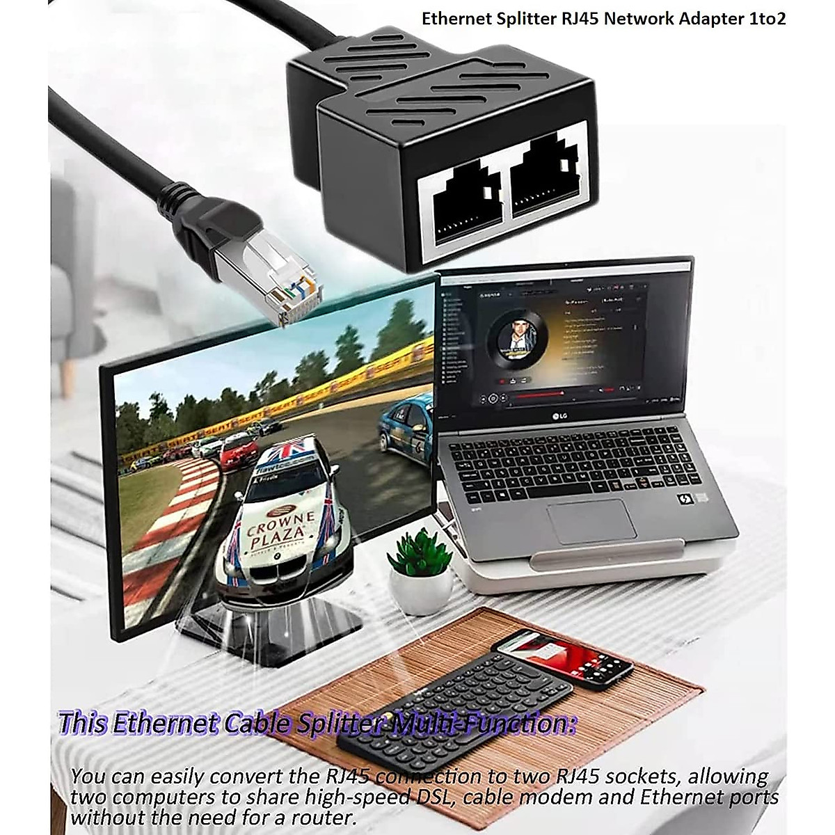 2Pack RJ45 Ethernet Splitter Cable Network Adapter 1 Male to 2 Female, Suitable Super Cat5, Cat5e, Cat6, Cat7 Connector LAN Ethernet Cables Internet Adapter, Black