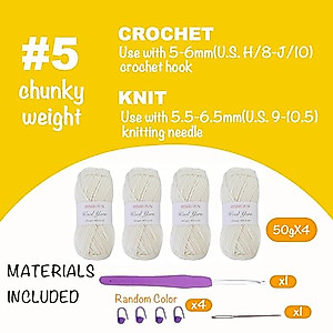 HISHUJUN, 20% Wool 80% Acrylic Wool Yarn, 4 Skeins, Soft Chunky Weight #5 for Crochet and Knitting, Each Skein1.76Oz (50g) / 55 Yrds (50m) (23 - Limestone)