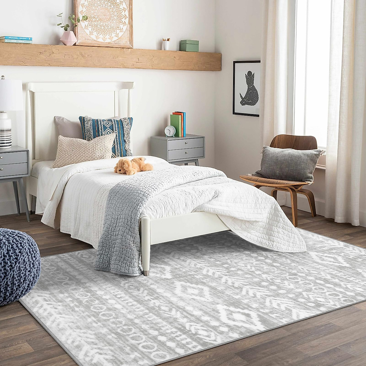 Lahome Boho Moroccan Area Rugs 5x7, Washable Grey Rugs for Bedroom Non-Slip, Low-Pile Soft Tribal Print Living Room Rug, Non-Shed Neutral Geometric Indoor Carpet for Office Playroom Dining Room