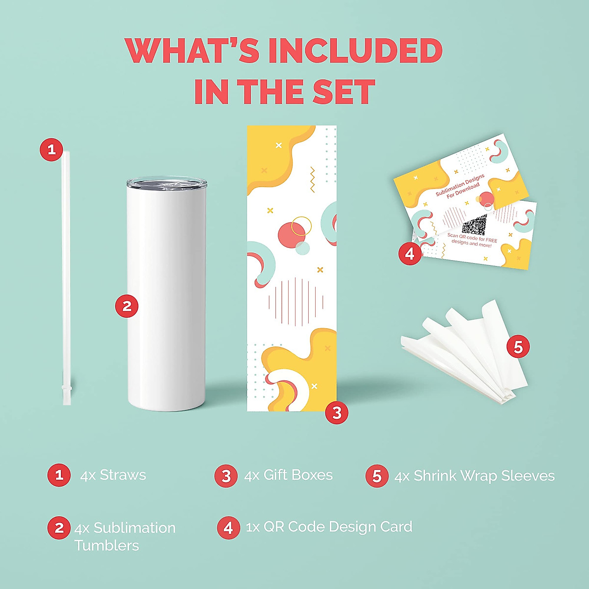 Sublimation Tumblers 20 Oz Skinny Tumbler, Straight Skinny tumblers for sublimation, 4 Pack Stainless Steel Sublimation Blank Tumblers, Individual Gift Boxes, Lids, Straws and Shrink Wraps