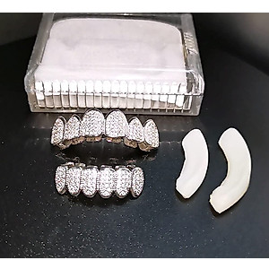 HH BLING EMPIRE Iced Out Diamond Teeth Grillz for Men Women, Hip Hop Silver Gold Grills for Your Teeth Top and Bottom, Rapper Costume Mouth Grillz with Silicone Molding Bars (Silver)