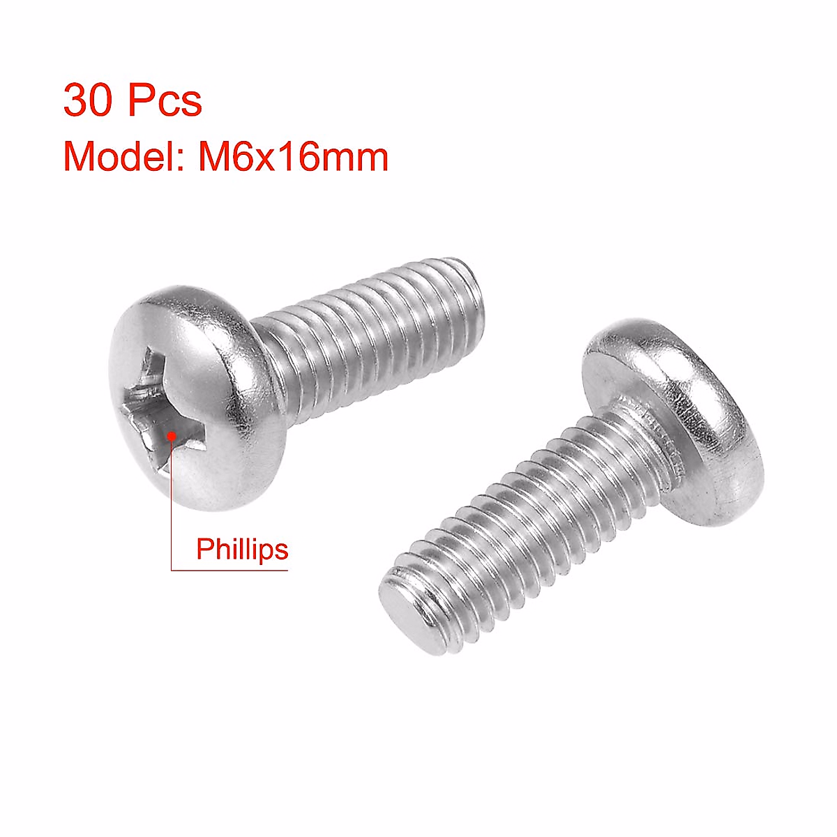 uxcell M6x16mm Machine Screws Pan Phillips Cross Head Screw 304 Stainless Steel Fasteners Bolts 30Pcs