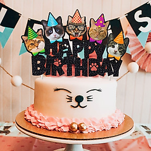 Cat Happy Birthday Cake Topper Cat Theme Party Cake Decoration for Meow Kitty Cat Birthday Party Baby Shower Supplies