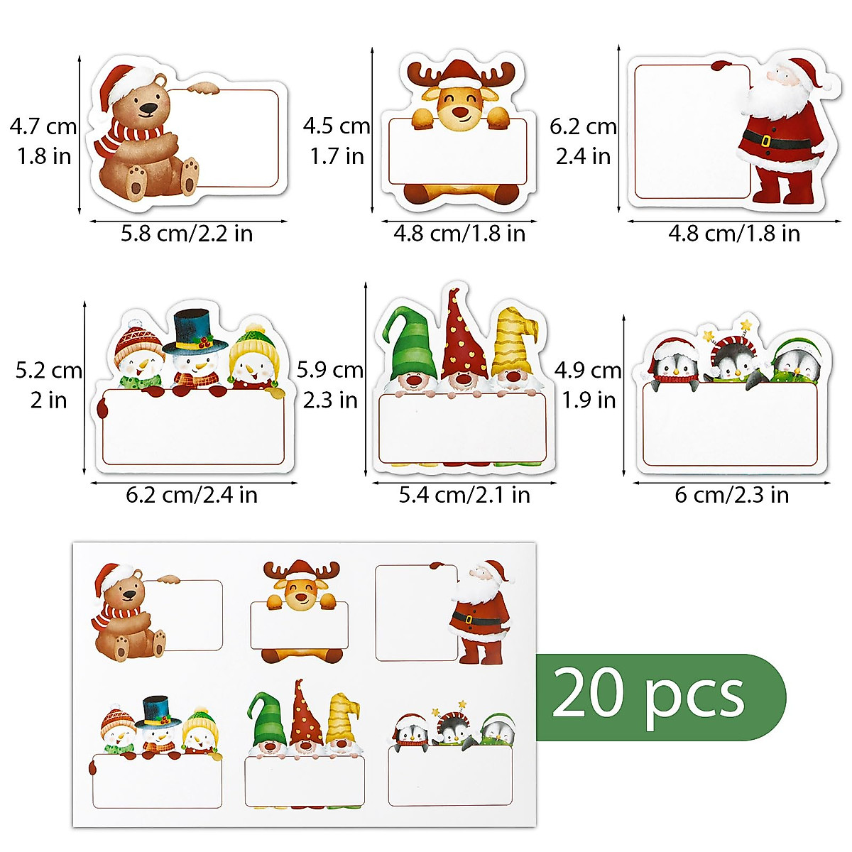 120pcs Christmas Gift Tags Stickers Adhesive Blank Gift Labels Name Tag Stickers for Presents Wrap Cute Santa Penguin Snowman Elk Gnome Design