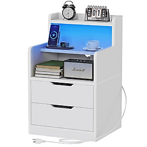 Furnulem Nightstand with Charging Station,Tall Bedside Table with LED Light, Type C & USB Ports, Side Table with 2 Wood Slide Drawers and Storage Shelves for Bedroom