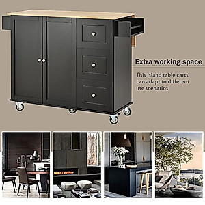 Kitchen Island Cart with Drop Leaf,52.7" Rolling Kitchen Island with Locking Wheels,Storage Cabinet,Spice Rack,Towel Rack & Drawer,Kitchen Cart Mobile Island Solid Wood Top for Dinning Room (Black)