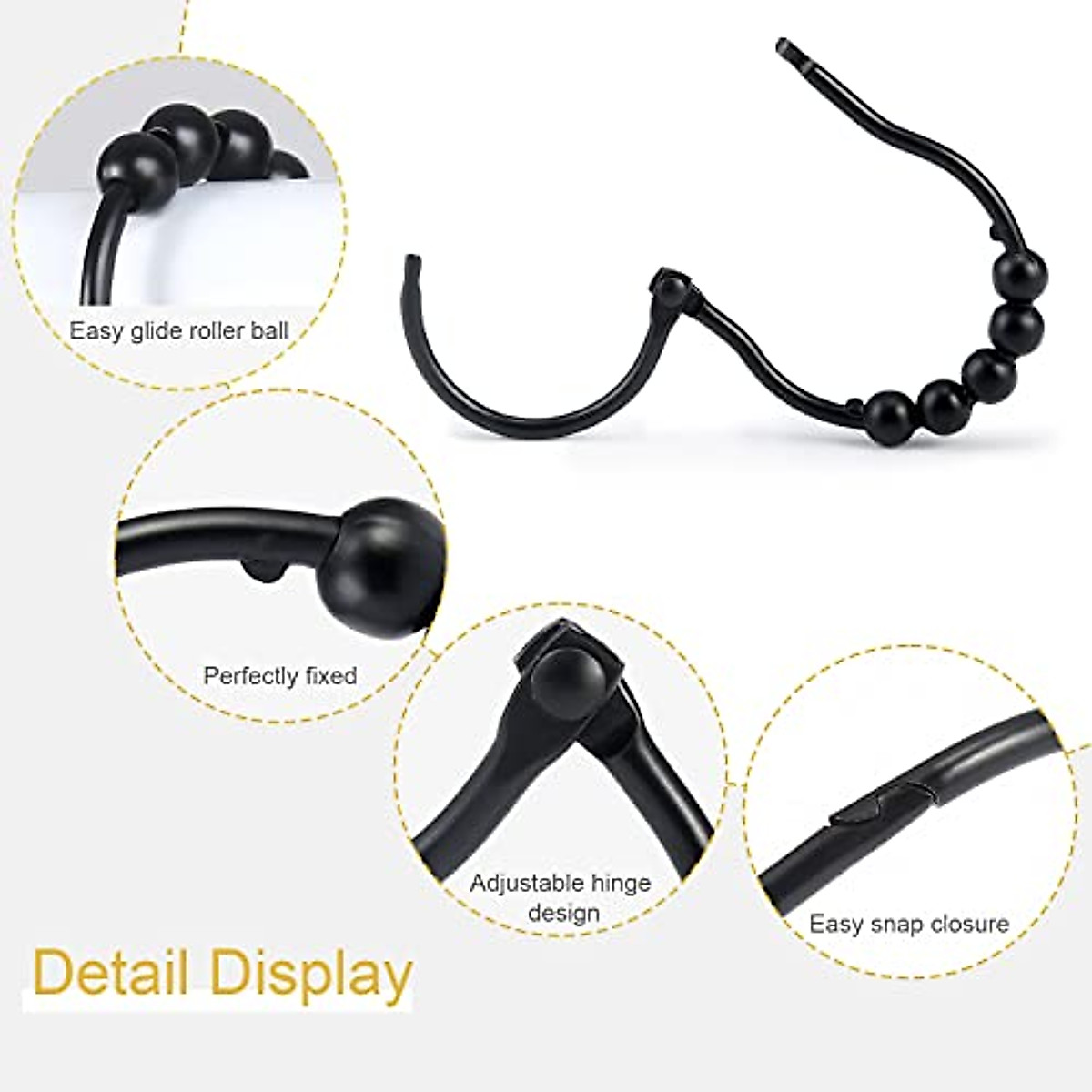 Shower Curtain Rings, SUTINE Shower Curtain Hooks, Wide Snap Shower Curtain Hooks Rust Proof, Anti-Fall Metal Shower Hooks for Shower Curtain, Glide Smoothly Shower Rings for Curtain, Black,12Pcs