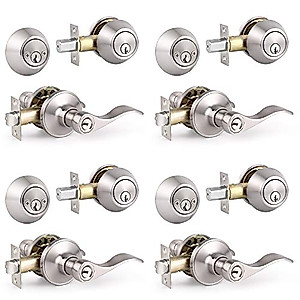Knobonly 4 Pack Front Door Entry Lever Lockset and Double Cylinder Deadbolt Combination Set, Satin Nickel- All Keyed Alike(Same Keys)