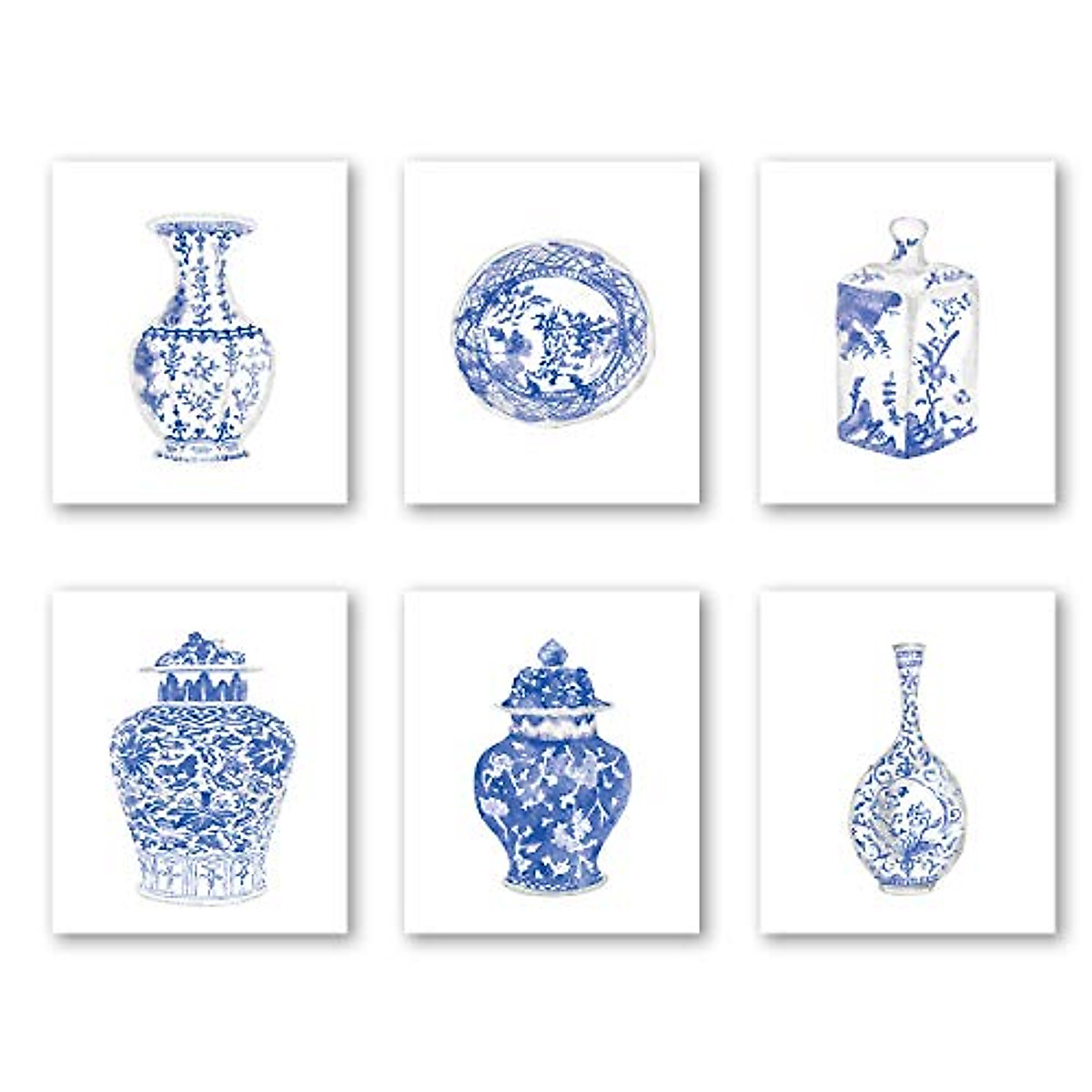 Chinoiserie Wall Art Print-- Bedroom or Study Decor -- Chinese Blue White Porcelain Vase Canvas Print ( Set of 6 )--Unframed--8X10 inch 1