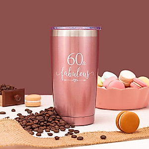 Crisky 60 & Fabulous Vacuum Insulated Tumbler for Women 60th Birthday Gifts for Wife, Mom, Sister, Aunt, Friends, Coworker Her, 20oz Rose Gold Tumbler with Box, Lid