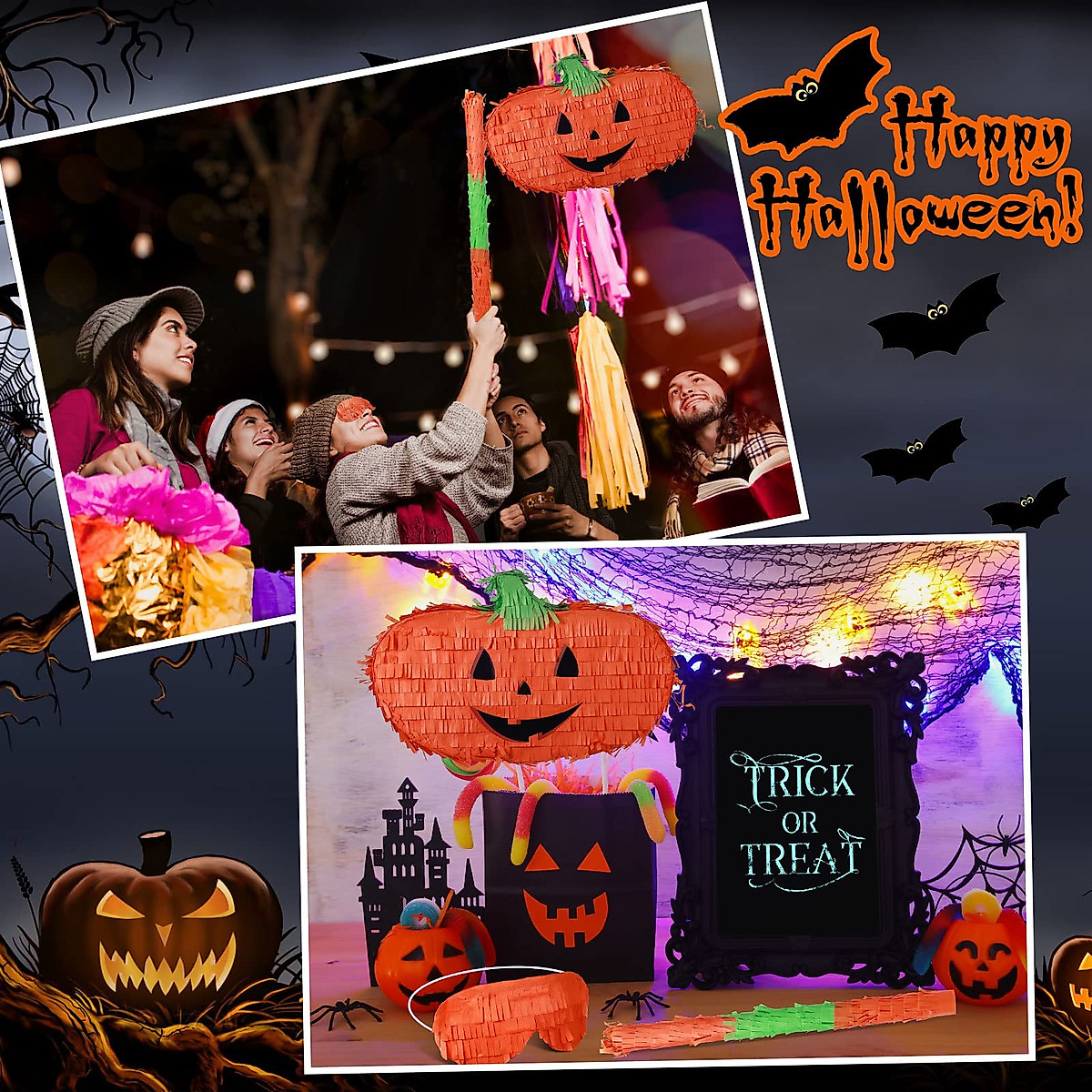 Small Halloween Pumpkin Pinata with Bat and Blindfold for Halloween Party Decorations, Party Supplies, Photo Prop, October Birthday, Funny and Spooky, Fits Candy Favors, 14 x 9 x 2.6 Inches