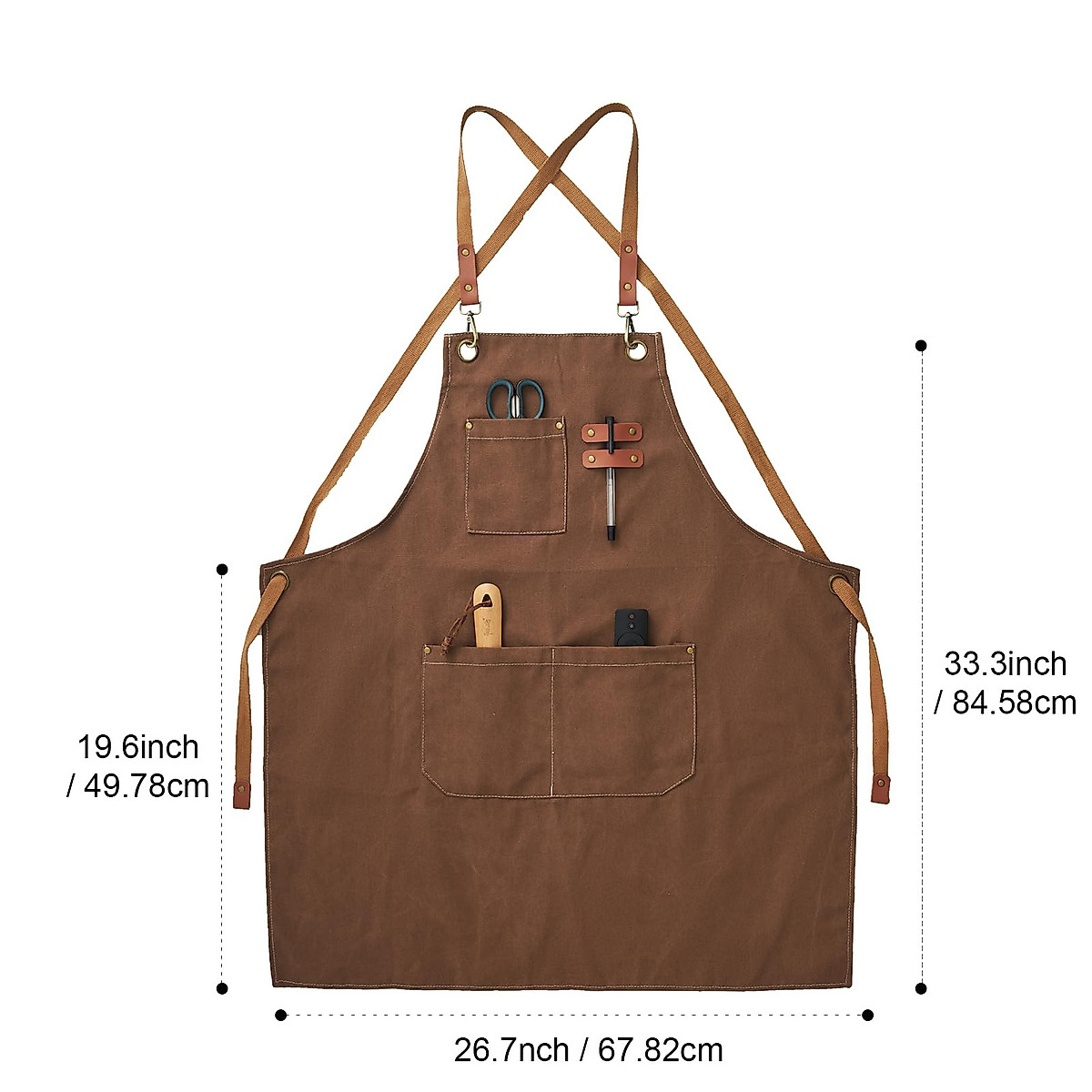 FunChaos Brown Canvas Aprons, Work Aprons for Men Women, Chef Aprons with Adjustable Strap and 3 Pockets, Apron for Servers Kitchen Cooking Baking Artist Painting, Cross Back
