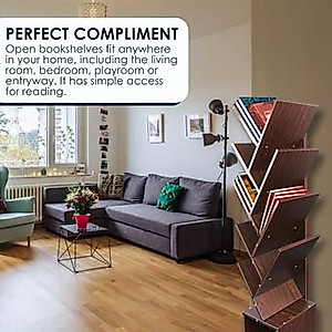 Tree Bookshelf with Drawer Rustic Brown Bookcase 9-Tier Book Rack Free Standing Book Storage Organizer Shelves, Wooden Rack Organizer Shelves for CD Movies/Books Home Office Living Room Bedroom