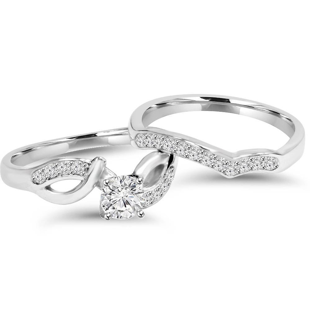 3/4CT Diamond Engagement Wedding Ring Set 10K White Gold - Size 8.5