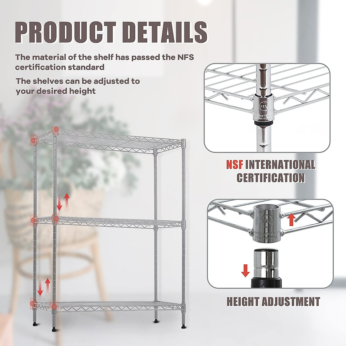 NChanmar 3-Tier Wire Shelving Unit Storage Shelves Shelf Organizer 30"x23"x12" Heavy Duty Metal Storage Rack Wire Rack NSF Height Adjustable for Laundry Bathroom Kitchen Garage Shelving(Chrome)