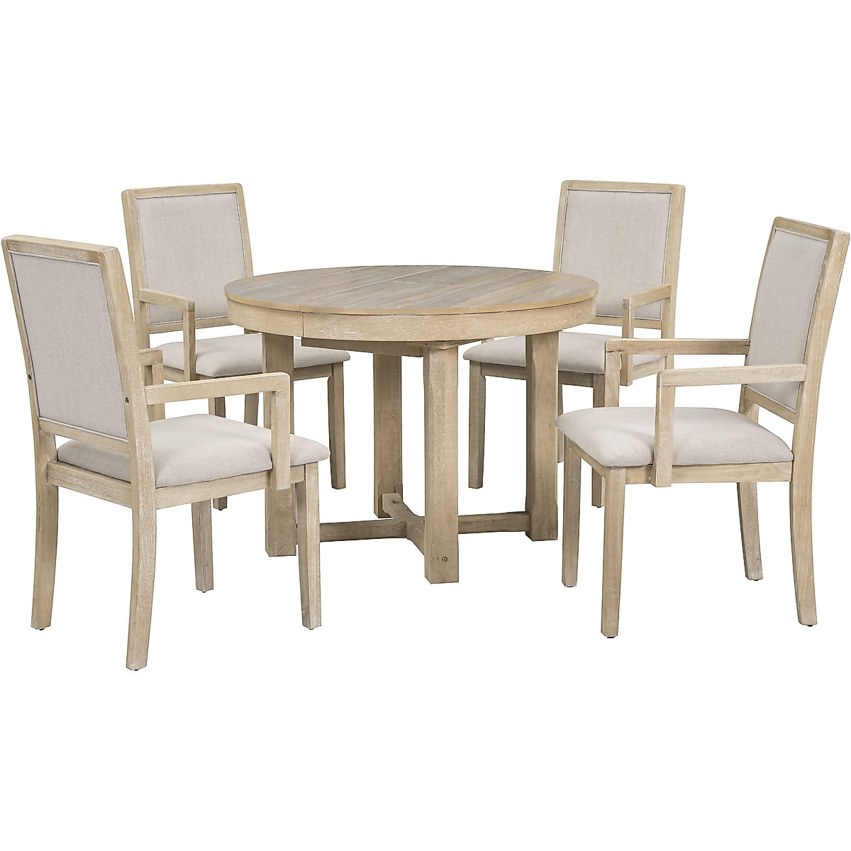 BIADNBZ 5-Piece Dining Table Set with Two-Size Extendable Butterfly Leaf Tabletop(Round to Oval) and Four Upholstered Chairs with Armrests, for Kitchen, Natural Wood Wash