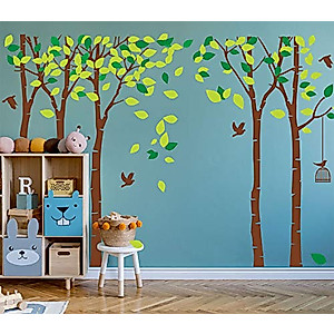 Large Five Family Trees with Birds and Birdcage Jungle Tree Wall Decal Removable Vinyl Sticker Mural Art Baby Girl Nursery Decor Baby Room Decor Kids Room Decor (103.9x70.9) (Brown)