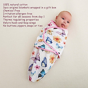 Baby Swaddle Blanket for Newborn Girl, 0-3 Months Small/Medium, 3 pcs Infant Swaddle Sack in a Gift Box, 100% Cotton Adjustable Swaddle Wrap, Pink