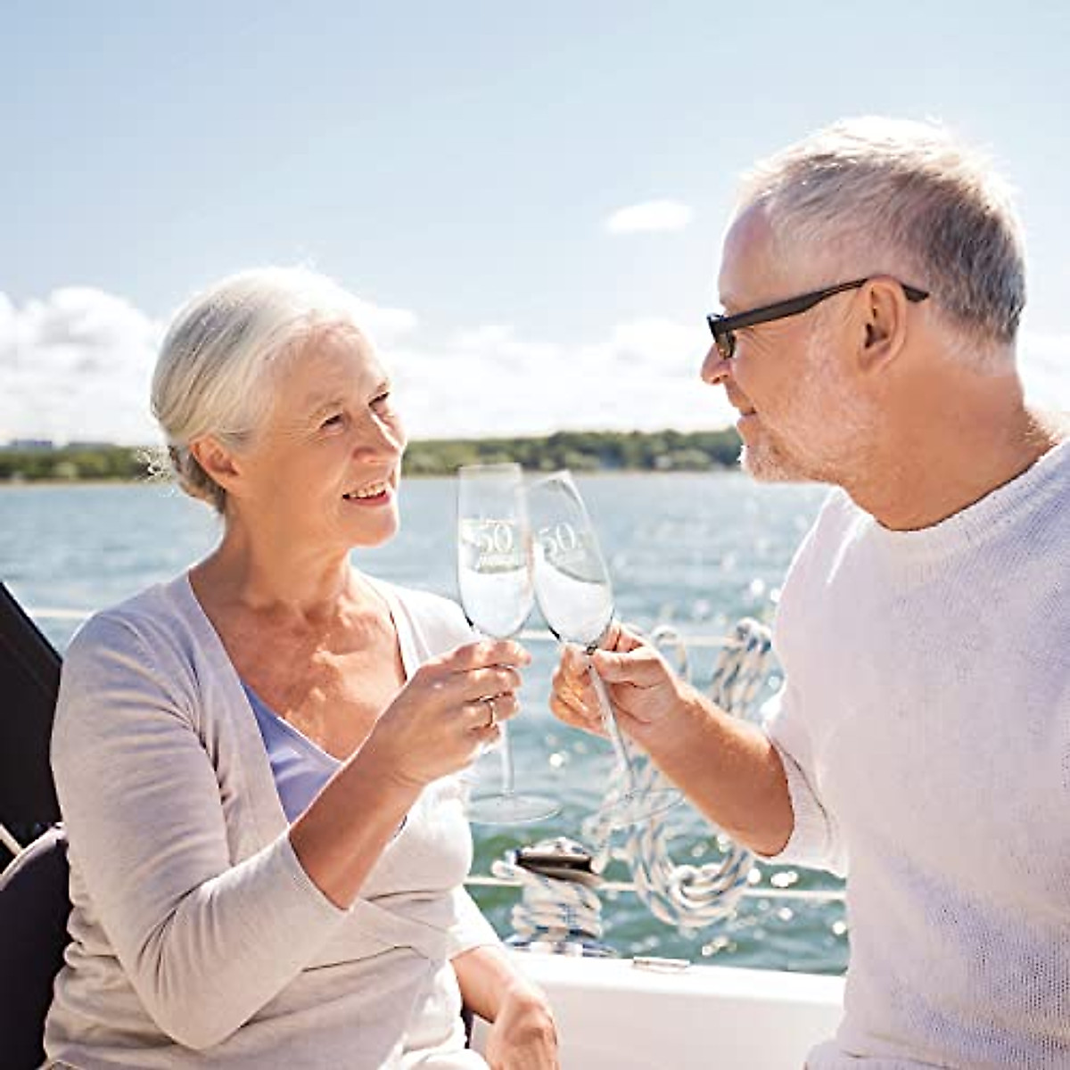 50th Anniversary Champagne Flutes for Couple by S&O. Set of 2 Wedding Anniversary Champagne Flutes. Giftable Wine Glasses for Parents. 8 oz Engraved Champagne Glasses. Gift for Married Couples