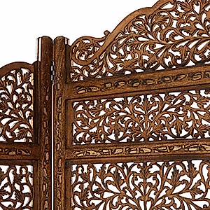 Deco 79 Wood Floral Handmade Hinged Foldable Arched Partition 4 Panel Room Divider Screen with Intricately Carved Designs, 80" x 1" x 72", Brown