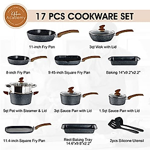 Kitchen Academy Induction Cookware Set-17 Piece Non-stick Cooking Pan Set, Black Granite Pots and Pans Set