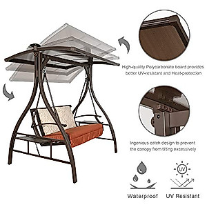 Iwicker Patio 2-Seat Deluxe Porch Swing with Sunbrella Cushions, Outdoor Swing Chair with Solar Light and Convertible Board Canopy