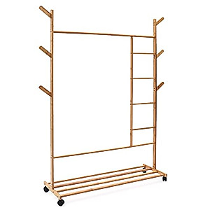 43.3" Bamboo Clothing Garment Rack, Clothes Coat Hanger w/6 Side Hooks Combo, Free Standing Closet Organizer Rack Entryway Bedroom Storage Shelves Clothes Hanging Rack With 360°Rotation Roller Wheels