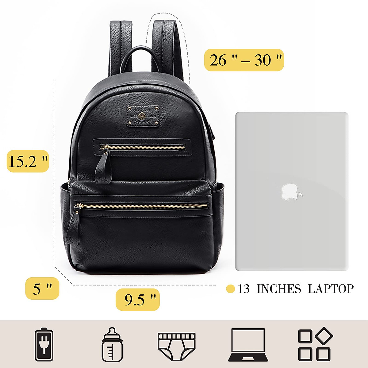 miss fong Leather Diaper Bag Backpack, Diaper Bag Organizer,Small Diaper Bag for Baby Boy,Waterproof Baby Diaper Bags for Travel with USB Charger and Insulated Pockets, Pacifier Holder Case Bundle