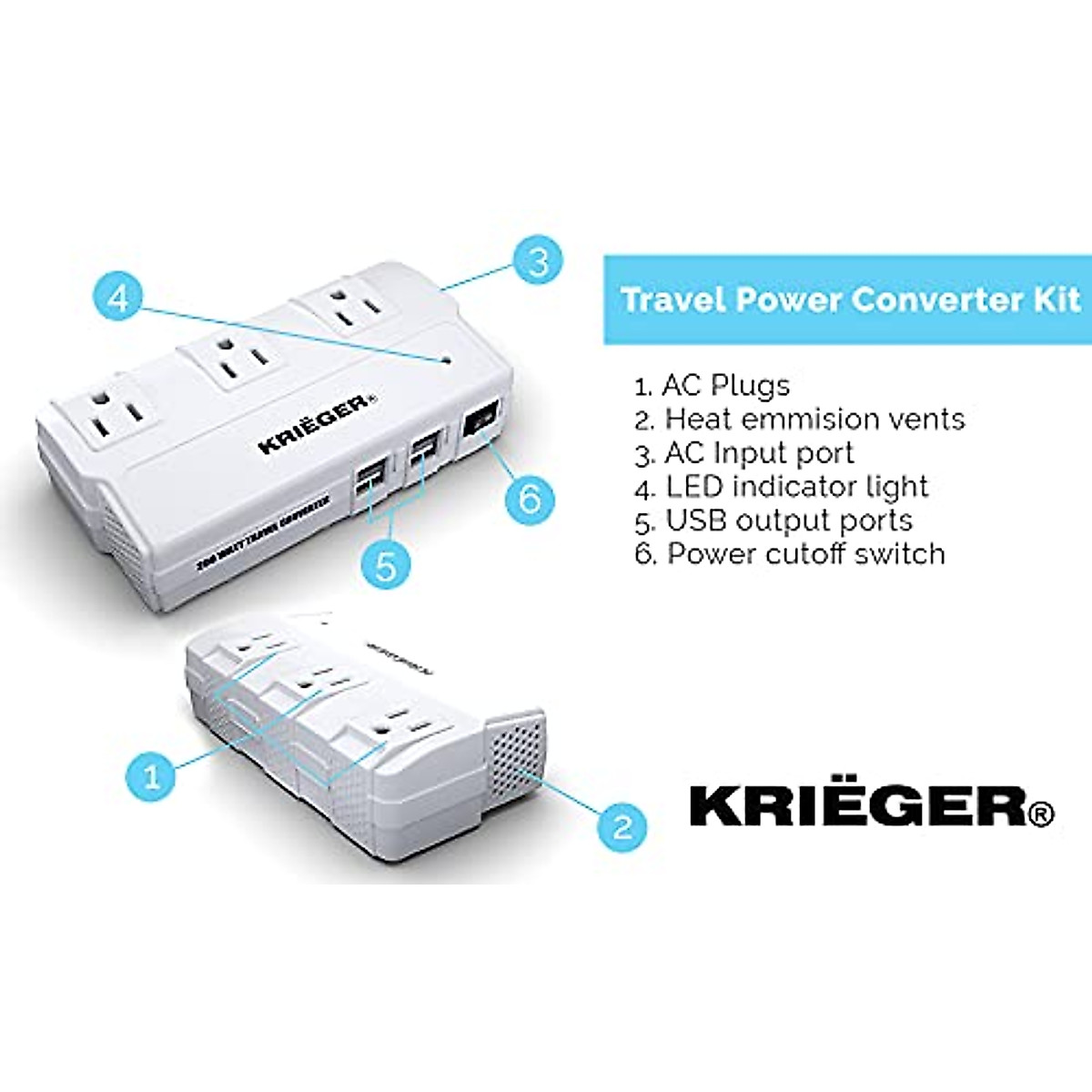 K KRIËGER Universal Travel Adapter, Step Down Transformer 200 Watt Capacity, International Power Adaptor w/ 4 USB Ports 6A Total Charging, 3 AC Outlets for USA EU UK AUS Worldwide Plug Adapter