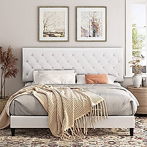 Keyluv Upholstered Platform Bed Frame with Button Tufted Headboard, Faux Leather, Wooden Slats Support, No Box Spring Needed, Easy Assembly, King Size, White